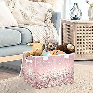 KEEPREAL Rose Gold Glitter Texture Storage Basket Bin with lid, Large Cube Storage Box Collapsible Storage Organizer for Home Office Closet - 16.5 L x 12.6 W x 11.8 H