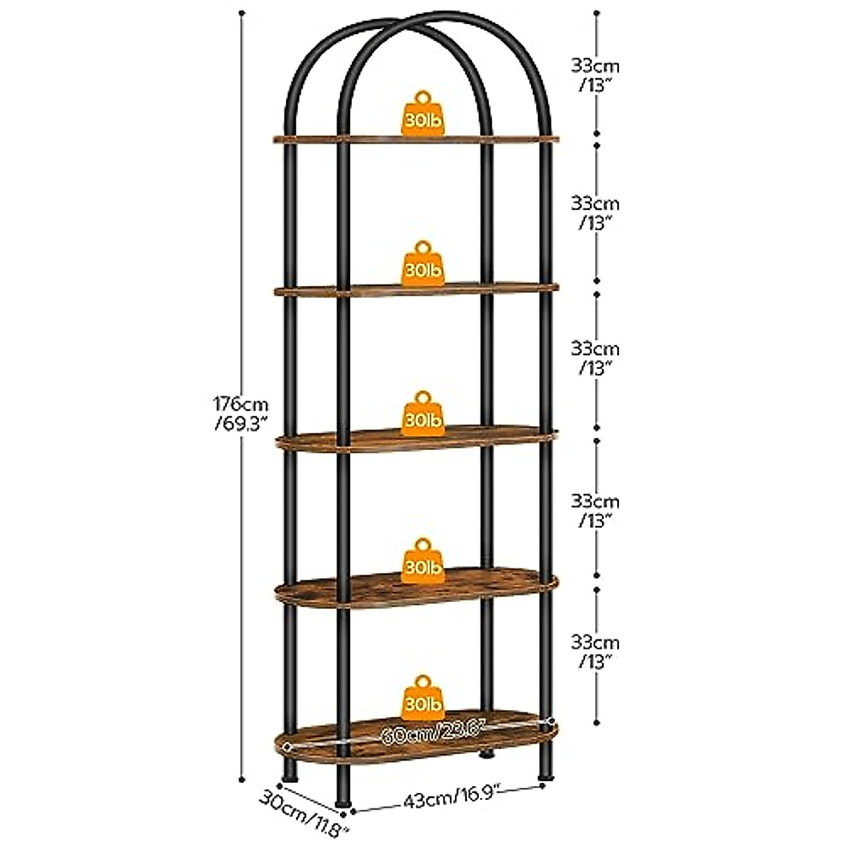 HOOBRO 5 Tier Bookshelf, Industrial Bookcase Arched, Tall Standing Bookshelves and Bookcases, Open Storage Shelves, Wooden Book Shelf for Bedroom, Living Room, Rustic Brown Bookshelf BF176SJ01