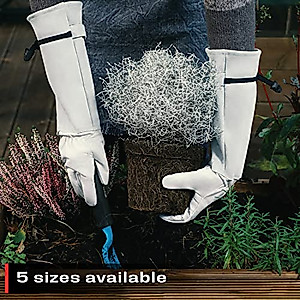 NoCry Leather Gardening Gloves with Improved Long, Adjustable Gauntlet Cuffs; Puncture Resistant with Reinforced Palms and Fingertips; Perfect for Rose Pruning, Size Medium, Grey