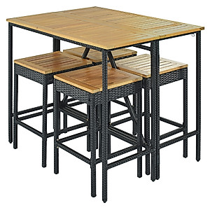 5-Piece Steel Outdoor Patio Wicker Bar Set, Garden PE Rattan Wicker Dining Table, Foldable Tabletop, Acacia Wood Tabletop with 4 Stools and 1 Wood Table. (Brown Wood + Black Wicker#1)