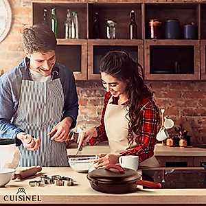 Cuisinel Cast Iron Skillet with Lid - 12"-inch Pre-Seasoned Covered Frying Pan Set + Silicone Handle & Lid Holders + Scraper/Cleaner - Indoor/Outdoor, Oven, Stovetop, Camping Fire, Grill Safe Cookware