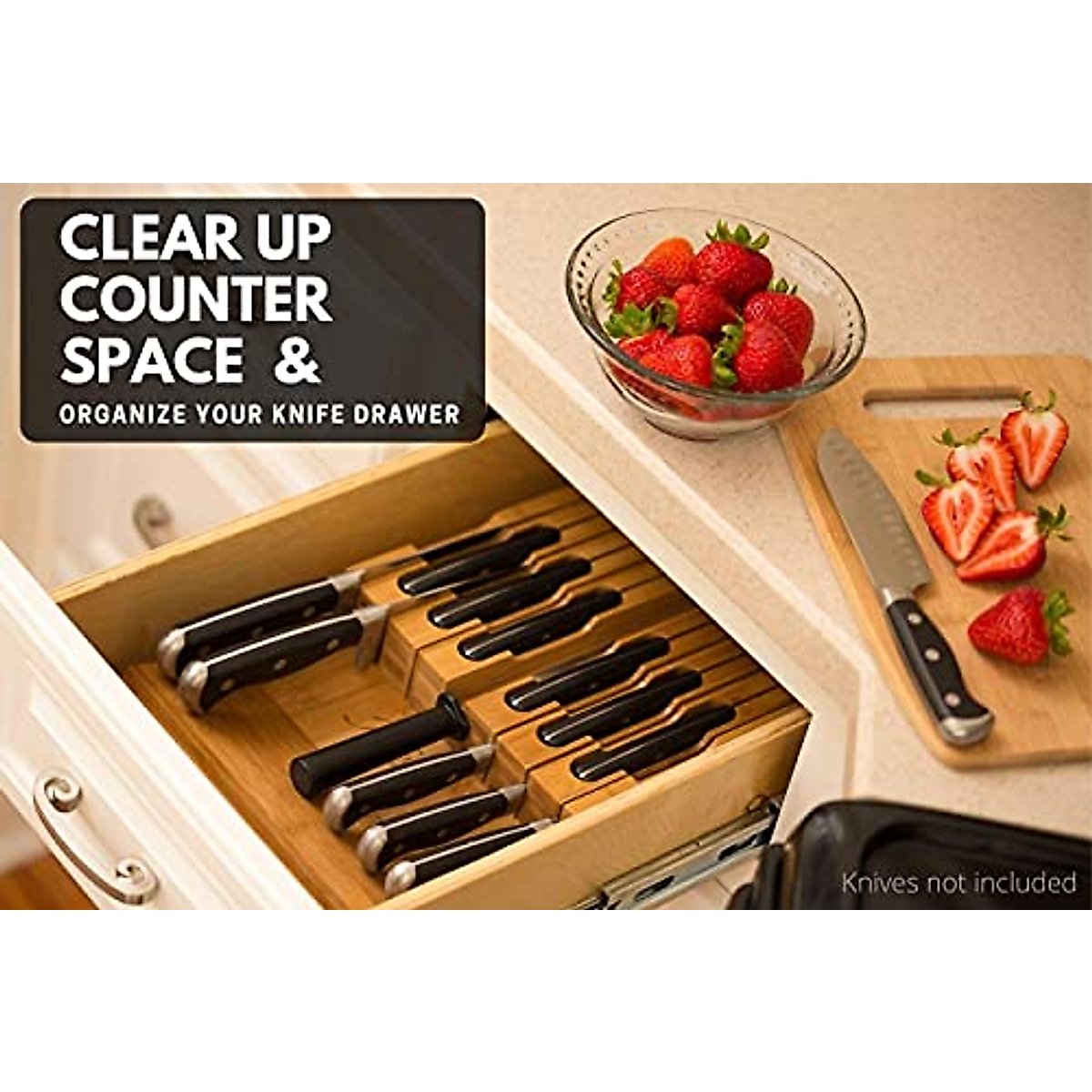 In-Drawer Bamboo Knife Block Holds 12 Knives (Not Included) Without Pointing Up PLUS a Slot for your Knife Sharpener! Noble home & chef Knife Organizer Made from Quality Moso Bamboo