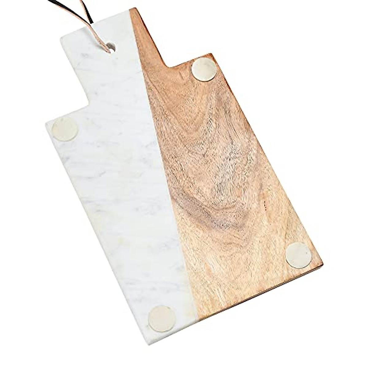 Boho 2-Tone Marble and Acacia Wood Charcuterie or Cutting Board with Brass Inlay and Leather Tie, White and Natural