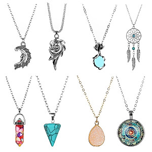 K&Q 15pcs Vintage Crystal Pendant Aesthetic Chakra Necklace Vintage Jewelry Carnelian Necklace Bohemian Retro Sunflower Necklace Sun and Moon Pendant for Girls and Women