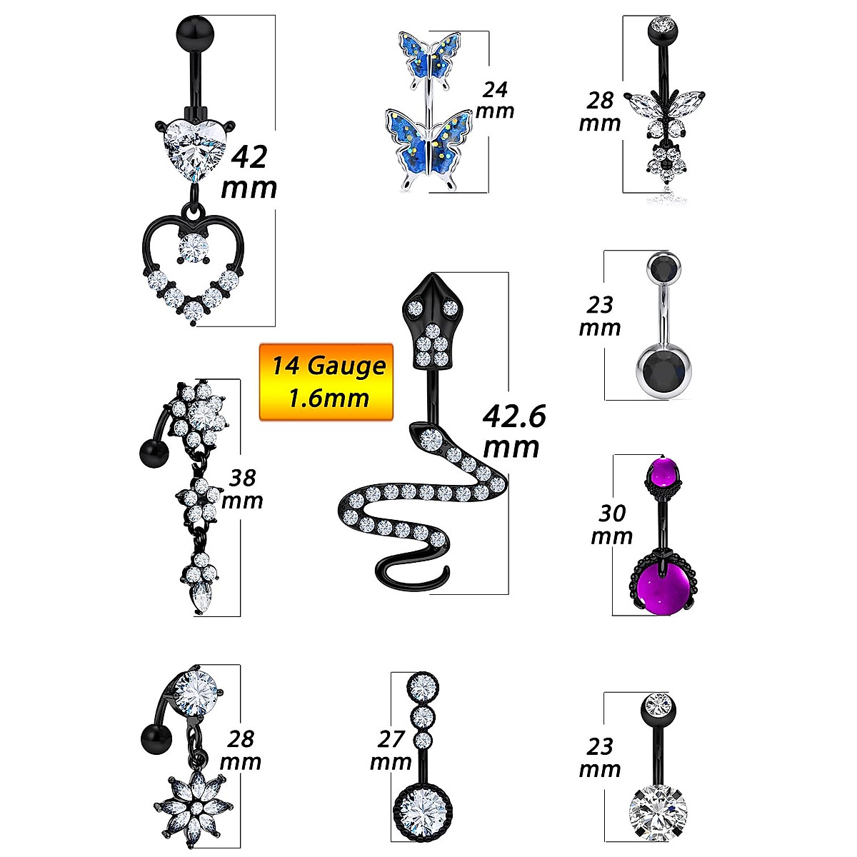 Eakxnig 14G Belly Button Ring Stainless steel Dangle Belly rings Snake Glow Dark Round Cubic Zirconia Navel Barbell Body Piercing Jewelry For Women 3/8inch 10mm silver,rose,purple,black men belly ring