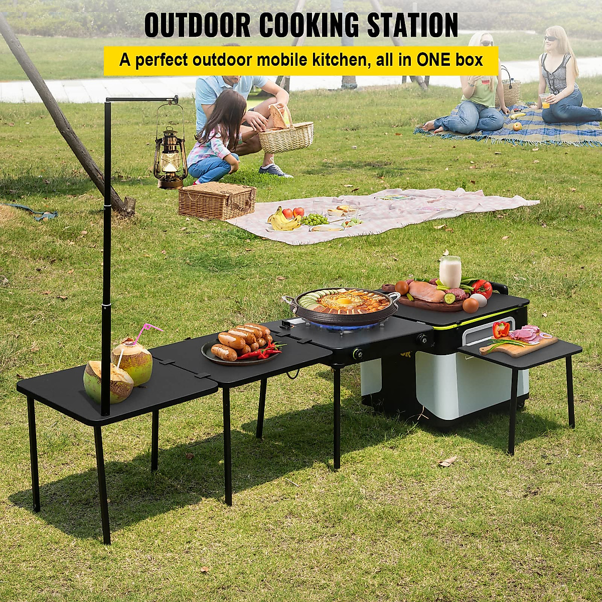 VEVOR Camping Kitchen, Outdoor Cooking Station Multifunctional Integrated Box with Wheels & Windproof Stove Portable Folding Tables Storage Organizer, for Picnic BBQ Beach Traveling, Black