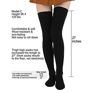 EZFS PLUS Thigh High Socks for Women Extra Long and Thick Over the Knee Cotton Boot Stockings Leg Warmer for Girls (Black 2 Pairs)