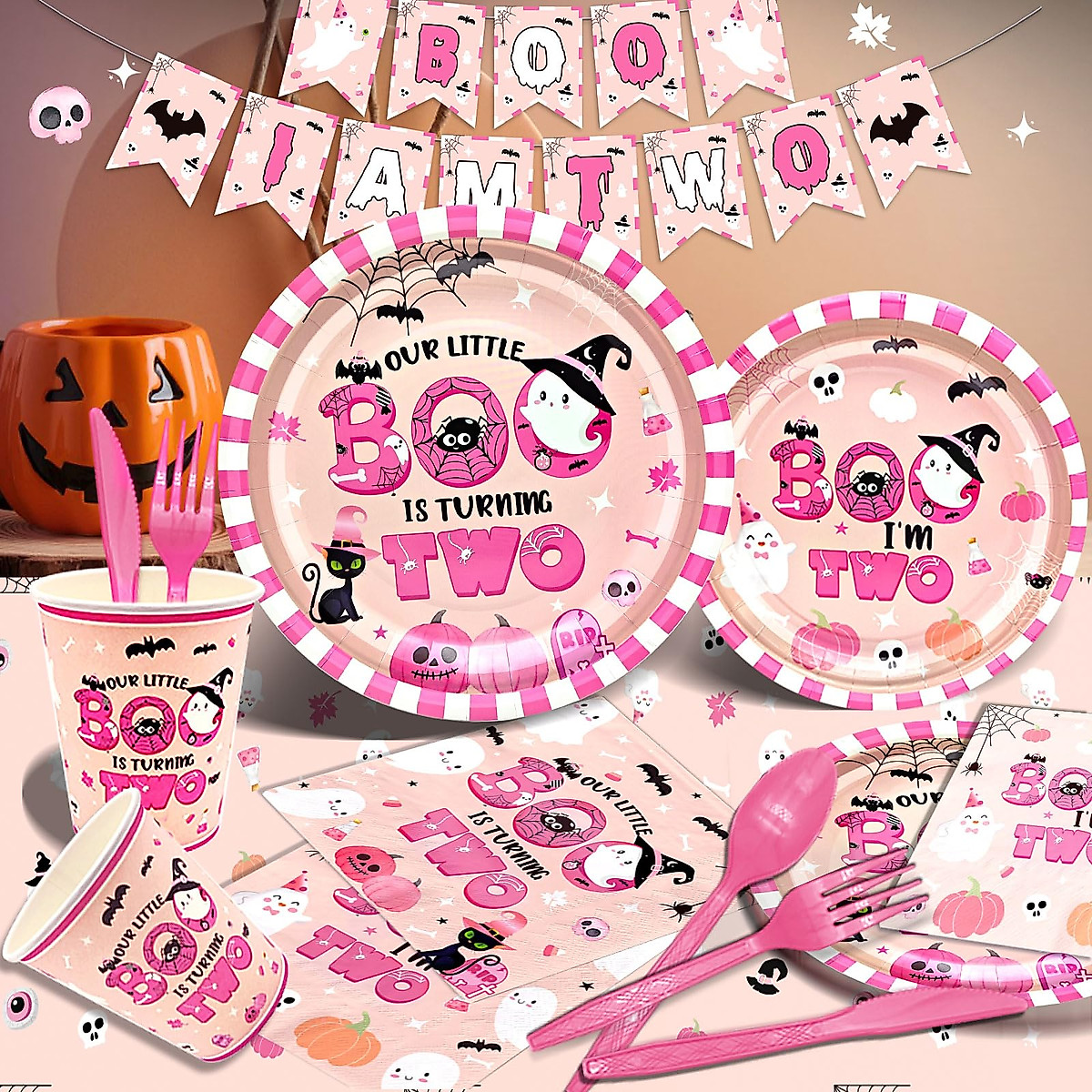 Yavxzvbw 182Pcs Boo I'm Two Decor Birthday Halloween Decorations Two Spooky Birthday Pink Halloween Birthday Party Decorations Girl with Boo Banner for Halloween 2nd Birthday Decorations
