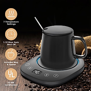 HYRIXDIRECT Coffee Mug Warmer with Mug Spoon Set, Electric Coffee Cup Warmer for Desk with Auto Shut Off, 7 Temperature Setting Heated Coffee Mug, Beverage, Milk, Tea Warmer