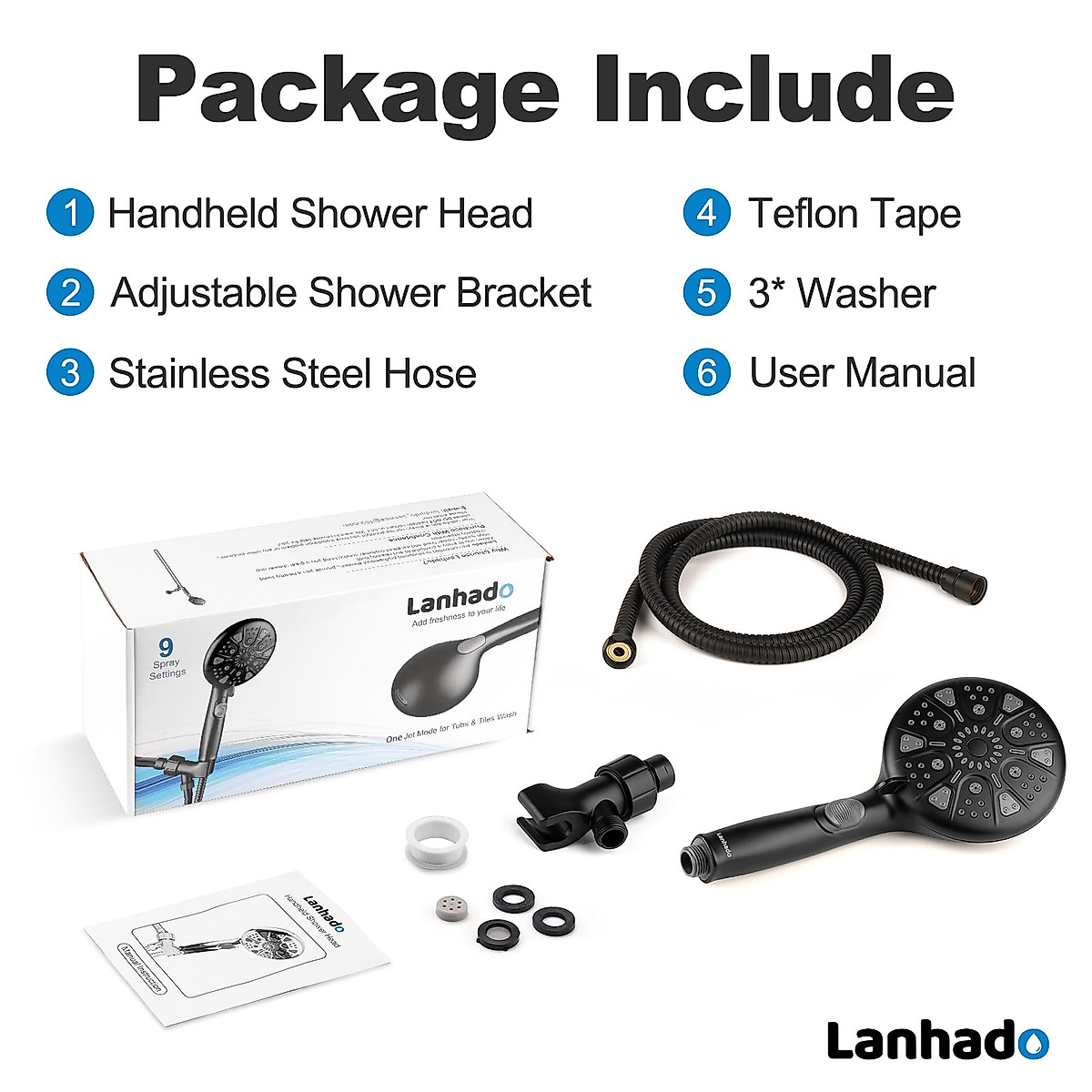 Shower Head with Handheld, Lanhado 9 Setting Matte Black Shower Head, Detachable Shower Head with Hose & Adjustable Bracket,High Pressure Shower heads, Built-in Power Wash to Clean Tub, Tile & Pets