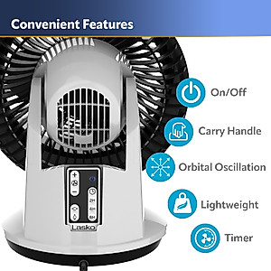 Lasko Whirlwind Orbital Motion Air Circulator Table Fan, 3 Speeds, Timer, Dark Mode, Remote Control for Small and Medium Sized Rooms, White, A12557