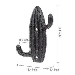 MyGift 2-Hook Vintage Dark Brown Cast Iron Coat Hooks, Southwestern Style Cactus Shape Wall Mounted Entryway Garment Hooks for Hats Keys Leashes Lanyards, Set of 2