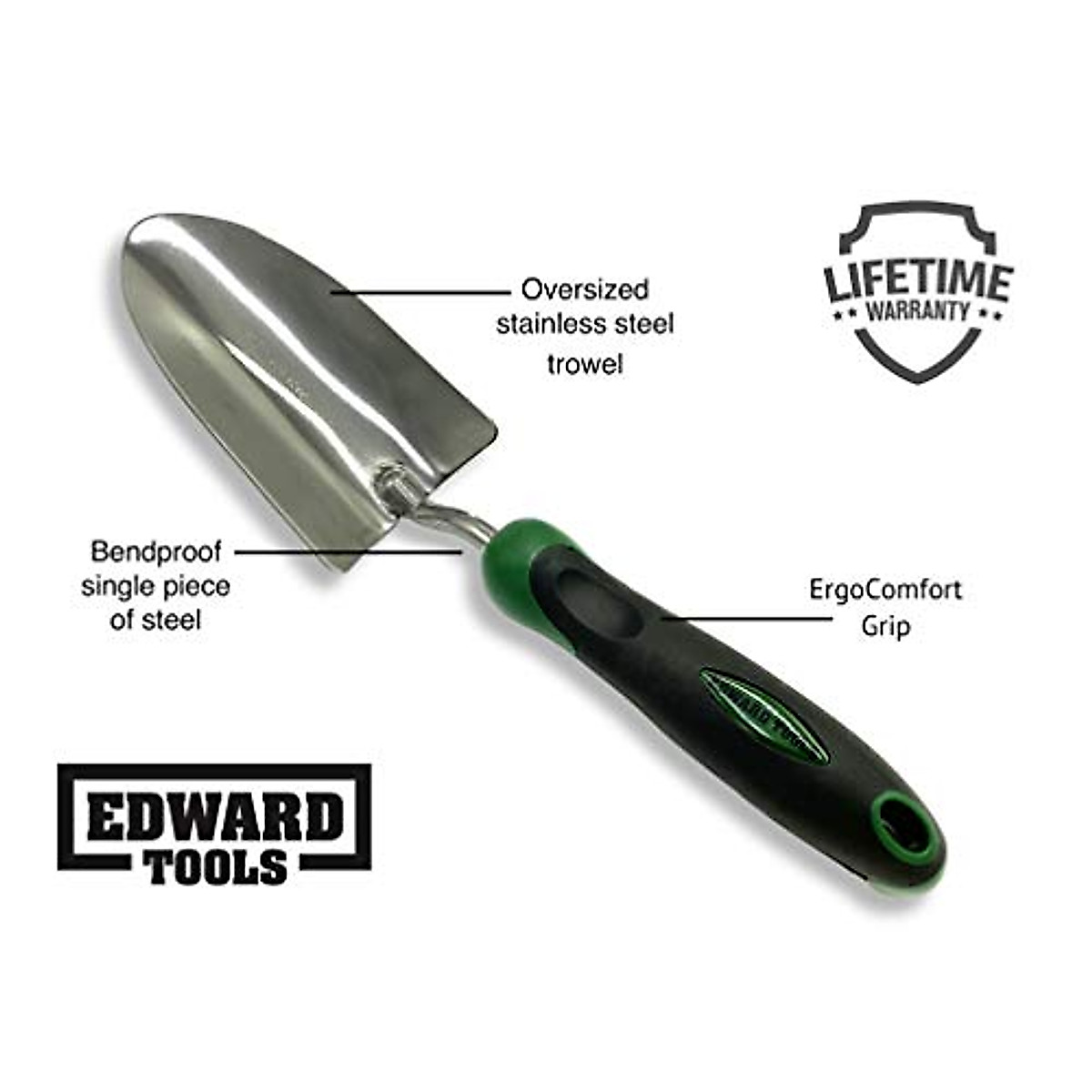 Edward Tools Bend-Proof Garden Trowel - Heavy Duty Polished Stainless Steel - Rust Resistant Oversized Garden Hand Shovel for Quicker Work - Digs Through Rocky/Heavy soils - Comfort Grip (1)