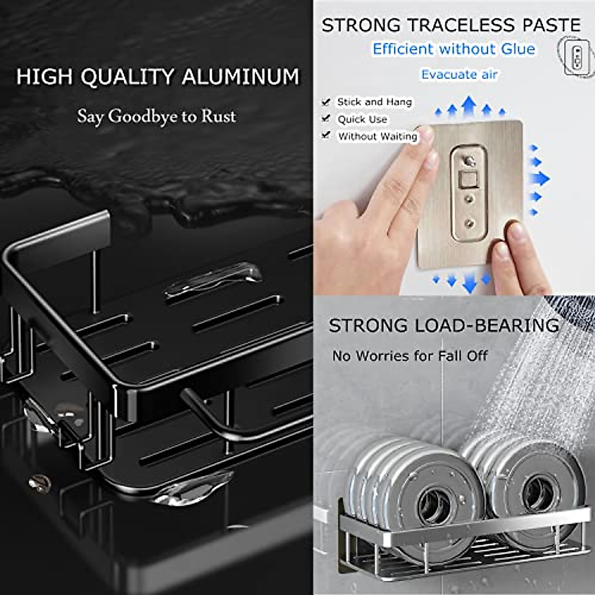 Shower caddy, 2 Pack Black Space Aluminum Shower Organizer, No Drilling Rustproof Shower Shelves with Hooks and Towels Hanger Storage for Bathroom, Kitchen