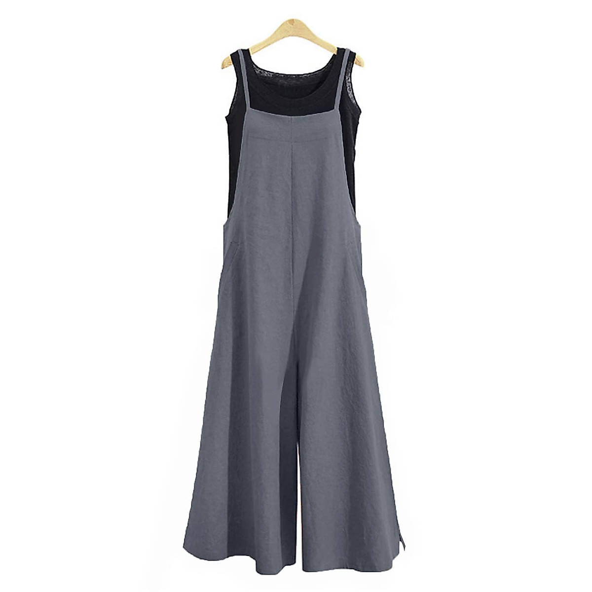 YESNO Women Casual Loose Long Bib Pants Wide Leg Jumpsuits Baggy Cotton Rompers Overalls with Pockets (2XL PZZTYP2 Gray)