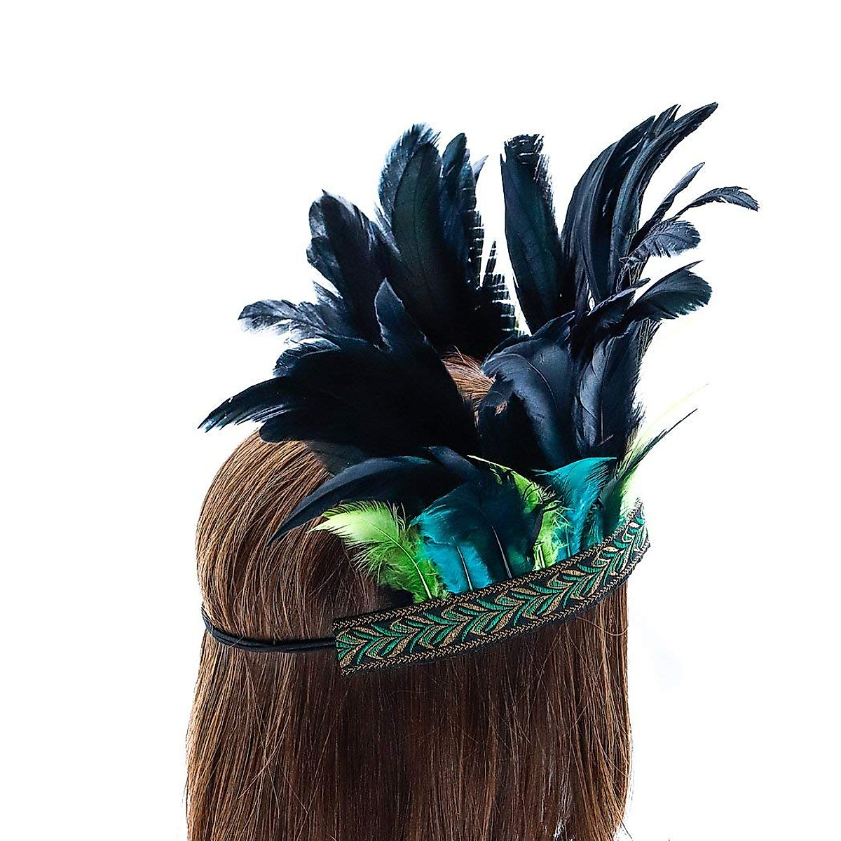 Aukmla Peacock Feather Fascinator Decorative Feather Headpiece Crown Headdress Costume Headband for Party (Green)