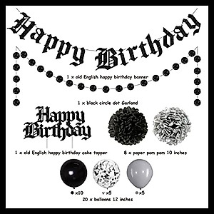 Funeral Birthday Party Decorations, Black Gothic Birthday Decorations - Old English Happy Birthday Glitter Banner, Cake Topper, Tissue Pom Poms, Black Circle Dot Garland and Balloons for Men and Women