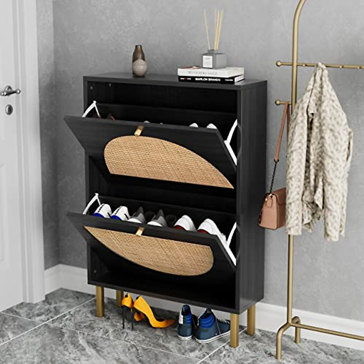 SSLine Shoe Cabinet with 2 Flip Down Storage Shelves Free-Standing Shoe Rack Modern Black Wood Shoe Storage Organizer w/Unique Rattan Decor &Gold Handles for Entryway Hallway Doorway