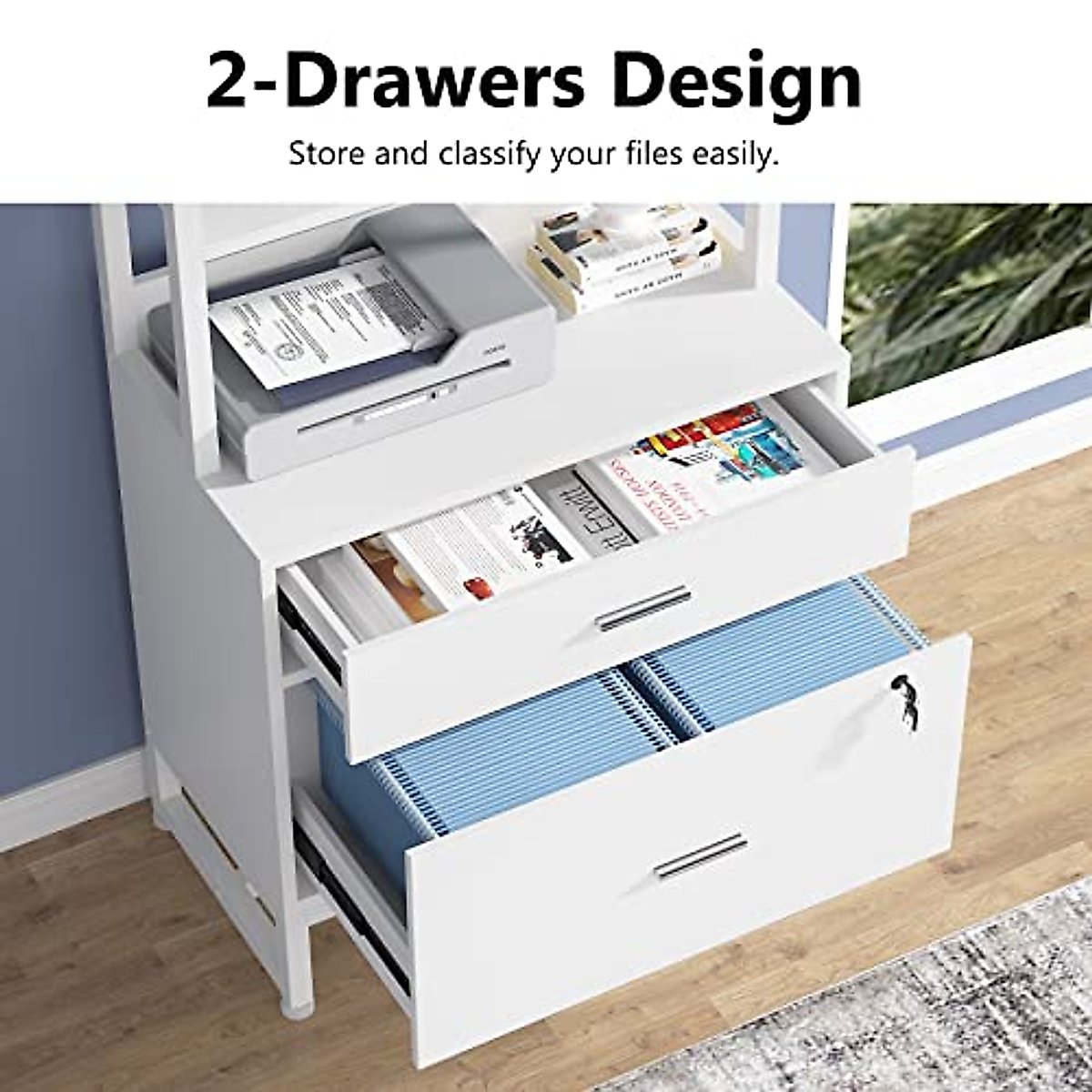 Tribesigns 2 Drawer Vertical File Cabinet with Lock & Bookshelf, Letter Size Large Modern Filing Cabinet Printer Stand with Open Storage Shelves for Home Office, White