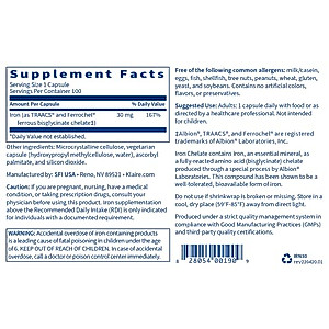 Klaire Labs Iron Bisglycinate Chelate Supplement - 30mg Ferrous Bisglycinate Chelate - Designed to be Well-Tolerated, Well-Absorbed & Gentle on Stomach - Hypoallergenic (100 Capsules)