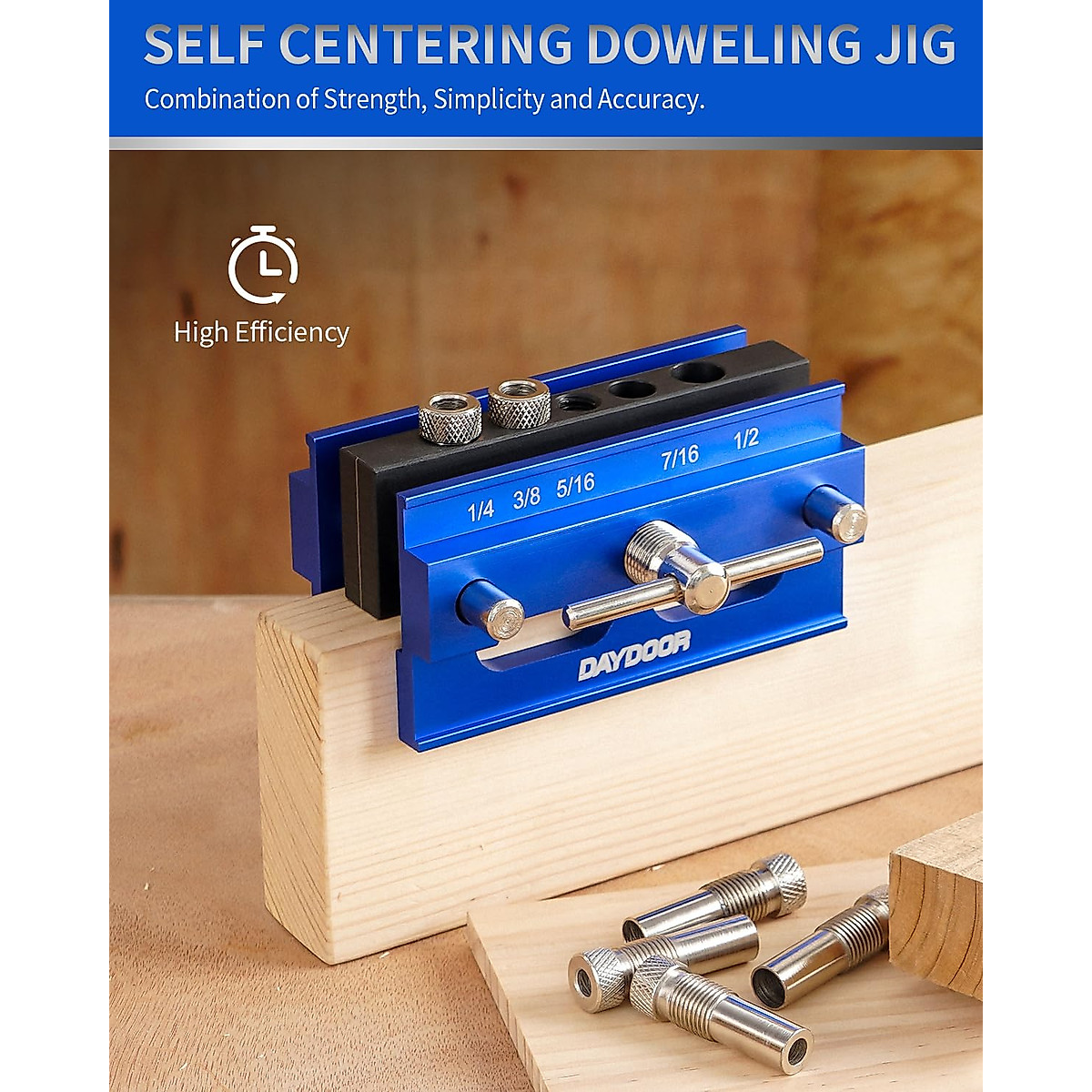DAYDOOR Self Centering Doweling Jig Kit, Adjustable Width Dowel Jig for Woodworking, Centering Jig for Straight Holes Biscuit Joiner Set with 6 Bushings(Blue)