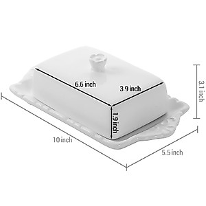 MyGift Vintage French Country Style White Ceramic Large Butter Dish Tray with Tulip Handle Top Lid, Kitchen Countertop Bi-Coastal Butter Keeper with Cover, Holds 2 Sticks