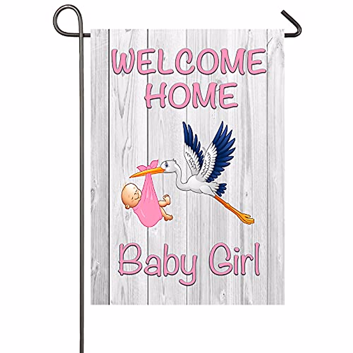 Welcome Home Baby Girl Garden Flag Baby Shower Birth Announcement Family Party Newborn Gender Reveal Lawn Yard Sign Pink Stork Outdoor Decoration Burlap Banner 12.5 x 18 Inch (Pink-Baby Girl)