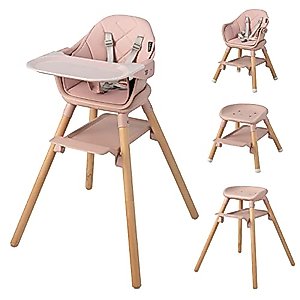 BABY JOY Baby High Chair, 6 in 1 Convertible Wooden High Chair for Babies & Toddlers with Adjustable Legs, Double Removable Tray, Safety Harness & Waterproof PU Cushion (Pink)