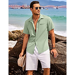 COOFANDY Mens Casual Short Sleeve Button Shirts Regular Fit Linen Shirt Lightweight Summer Tropical Shirts for Men Green