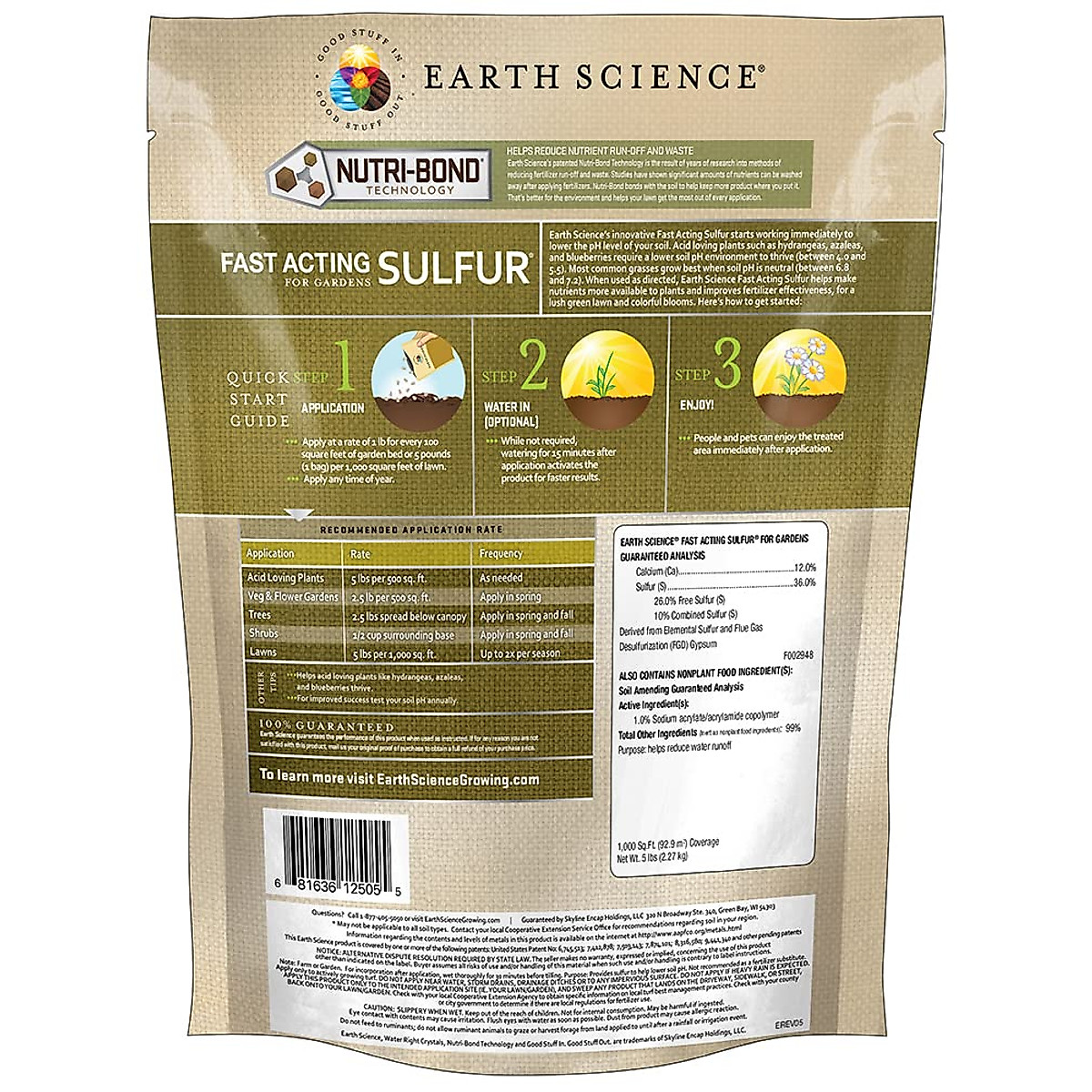 Earth Science Fast Acting Sulfur - Instantly Lower pH of Soil & Reduce Nutrient Runoff for Improved Growth & Color - Long Lasting Lawn Care for Acid Loving Plants (5lb)