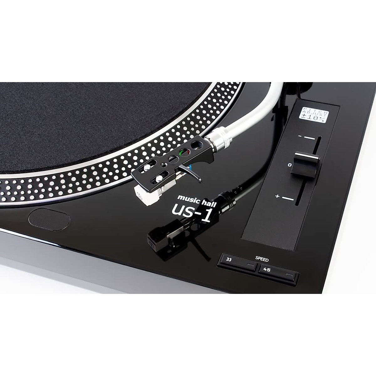 Music Hall US-1 High-Fidelity Belt-Drive Turntable with Built-in Preamp Pre-Mounted Audio Technica Cartridge S-Shaped Tonearm Detachable Headshell for Easy Upgrades is Stylish Glossy Black Finish