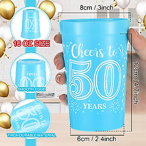 Roshtia 40 Pcs Summer 50th Birthday Cups Cheers to 50 Years Plastic Stadium Cups 16 oz Blue White Party Cups for Birthday Decorations Party Favors Supplies Wedding Anniversary