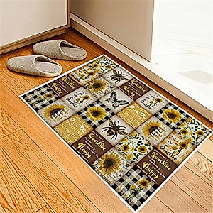 Shag Rugs Indoor Doormat Retro Yellow Sunflower Bee Butterfly Non Slip Floor Doormats Carpet American Pastoral Gingham Fluffy Kitchen Floor Rugs Pad Welcome Carpets for Bathroom Bedroom Entryway