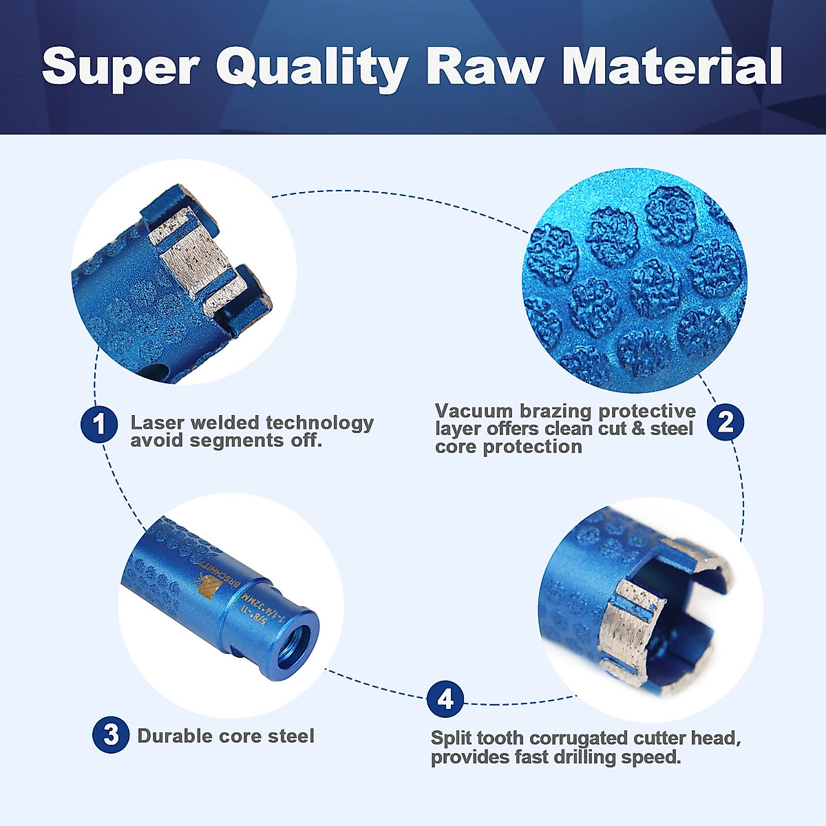 Diamond Core Drill Bit,BRSCHNITT Laser Welded Diamond Hole Saw with 5/8-11 Thread for Granite Marble Solid Block Stone Reinforced Concrete,Dry or Wet Drilling