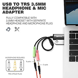 USB Audio Adapter, DuKabel USB to 3.5mm Jack TRS AUX Adapter for Built-in Chip USB Sound Card for Headset with Separate Plug TRS 3 Pole Microphones [Metal Housing & Durable Braided / 9.8inch]