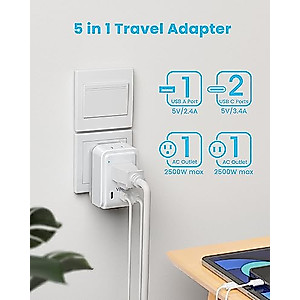 Universal Travel Adapter Kit, VINTAR International Plug Adapter with 3 USB Ports(2 USB C, 3.4A) & 2 American Outlets, Type A,C,G,D,I,M Swap&Adapt Attachments, Adapter for US/EU/UK/India/AUS/Africa
