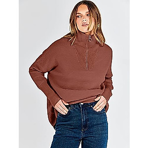 ANRABESS Oversized Sweater for Women Quarter Zip Pullover Casual Long Sleeve Half Zip Collared Lapel V Neck Baggy Slouchy Knitted Tunic Jumper Clothes 2023 Fall 802xiuhong-M Rust