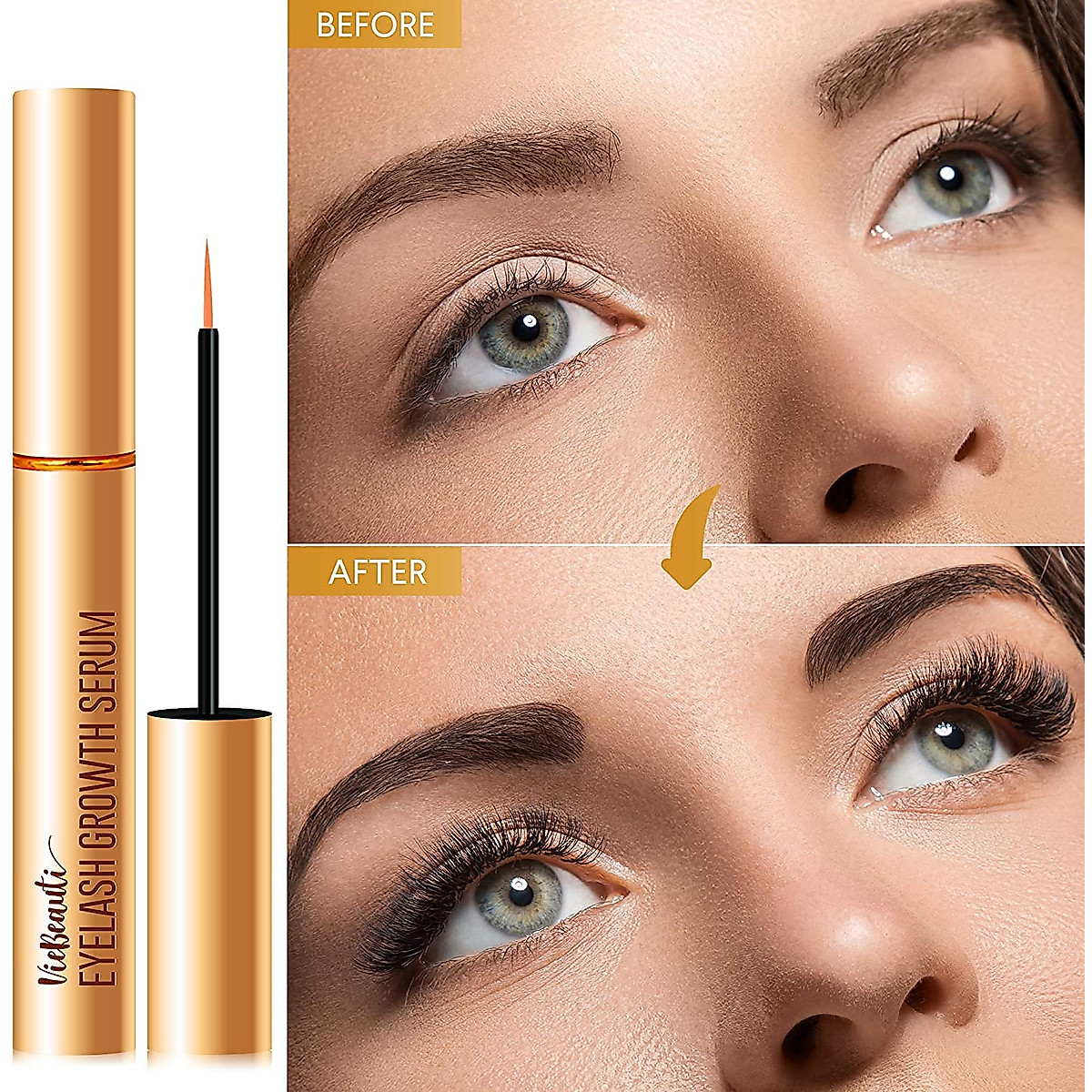 VieBeauti Premium Eyelash Serum and Eyebrow Enhancement Formula, Boosts Lash for Thicker, Fuller Looking Lashes and Eyebrows (3ML) | Gold Packaging, 0.1 Fl. Oz.