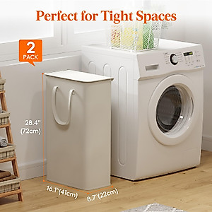 Lifewit 65L Slim Laundry Hamper, Small Laundry Basket with Lid, Dirty Narrow Collapsible Clothes Storage with Easy Carry Extended Handles, Tall Hampers for Bedroom Laundry Room, White, 2 Packs