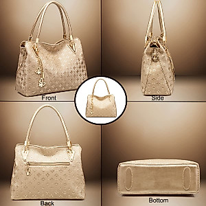 YOUNXSL Women Fashion Synthetic Leather Handbags Tote Bag Shoulder Bag Top Handle Satchel Purse with Pendant Set 4pcs Gold