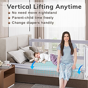 omzer Bed Rail for Toddlers - Baby Bed Guard Rail with Double Child Lock, Safety Bedrail for Children Kids with Pattern, Infants Height Adjustment Guardrail for Full Queen King Size - 1 Pack, 74.8”