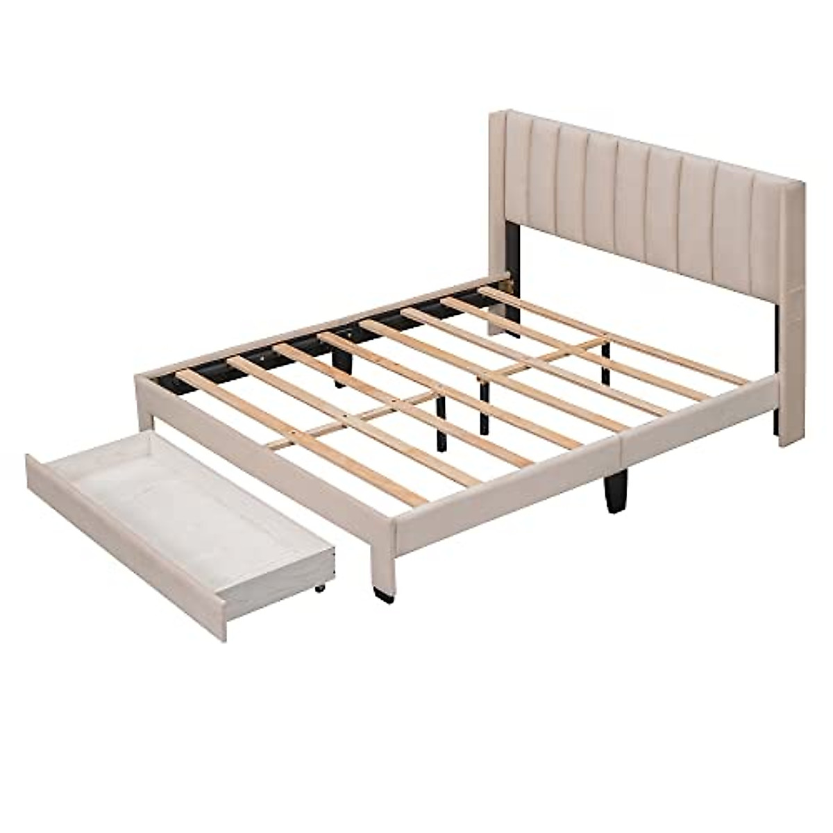 Prohon Queen Bed Frame with Wingback Headboard and A Big Storage Drawers on Endbed, Velvet Upholstered Platform Bed w/Wood Slats Support Mattress Foundation,No Box Spring Needed,Easy to Install,Beige