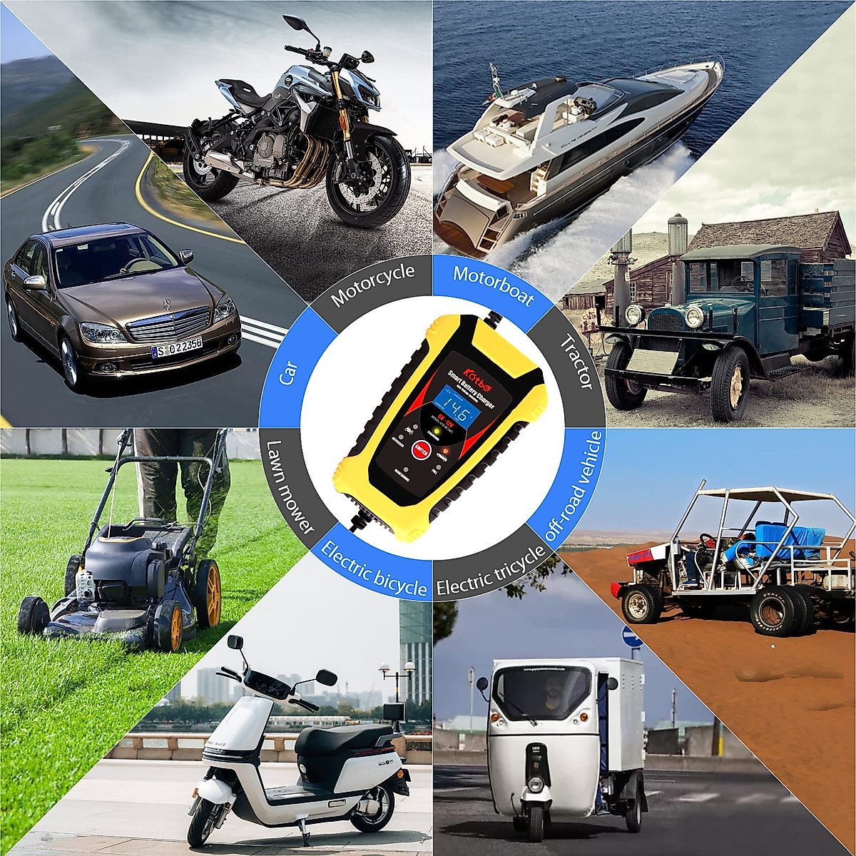 KATBO Battery Charger 12V 6A 6 Volt 2A Trickle Battery Charger Maintainer Float Charger for Motorcycle Car Boat Marine Lawn Mower ATV Toy Lead Acid,AGM, Gel,STD,SLA (Yellow)