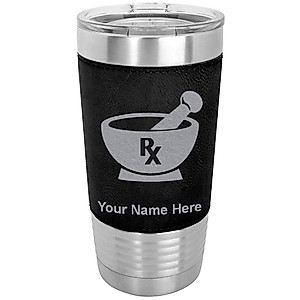 LaserGram 20oz Vacuum Insulated Tumbler Mug, Rx Pharmacy Symbol, Personalized Engraving Included (Faux Leather, Black)