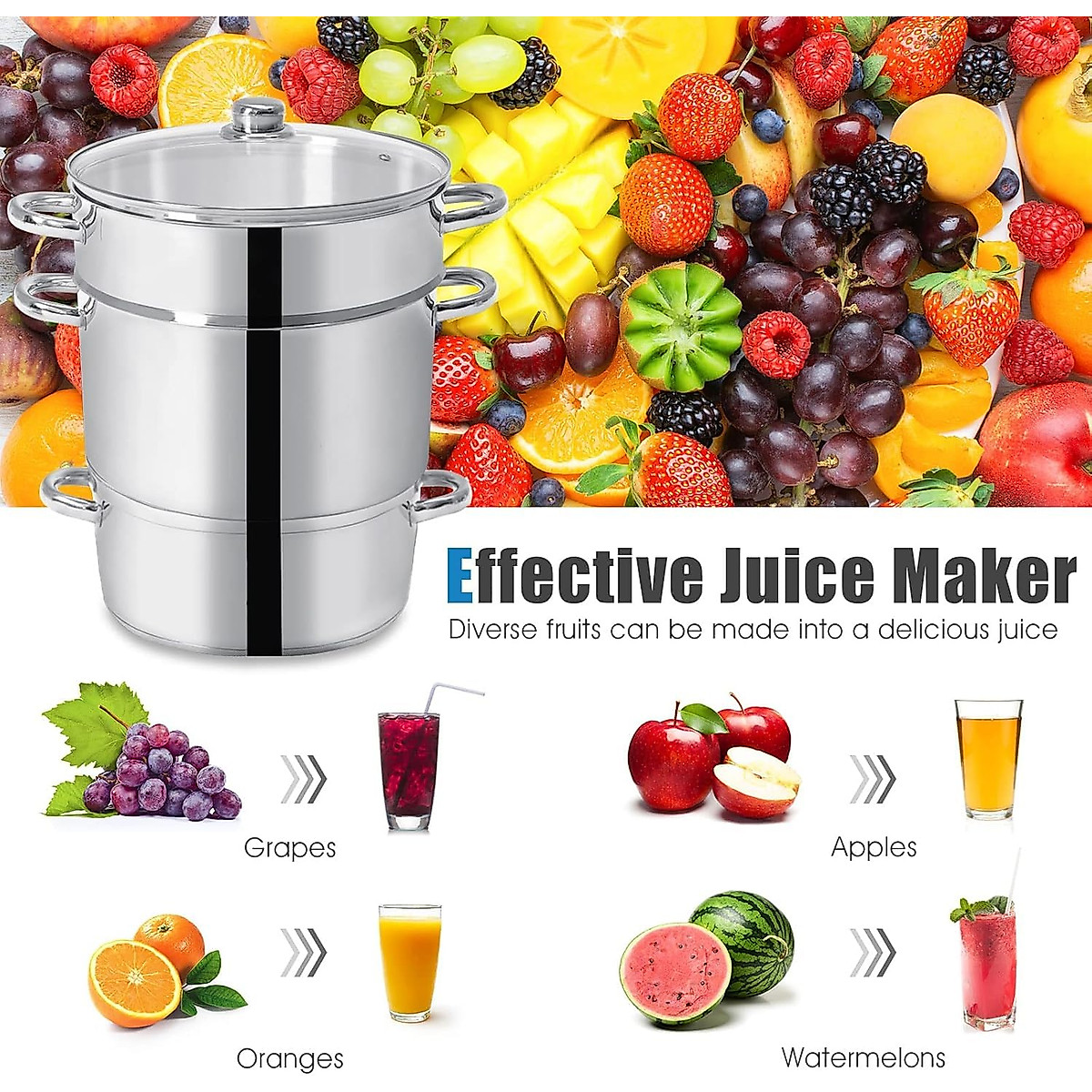 LDAILY 11 Quart Steam Juicer, 3-Layer Steam Juice Extractor, Fruit Vegetable Steamer w/Tempered Glass Lid, Hose, Clamp, Loop Handles, Stainless Steel Steamer Pot Cookware for Making Juice/Jelly/Pasta