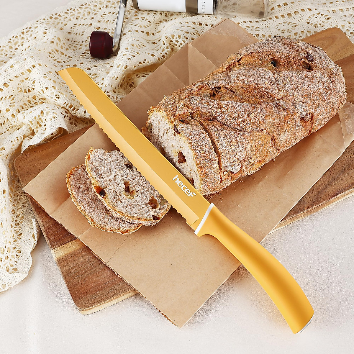 hecef Colorful Knife Set, 6 Pieces Kitchen Knife Set with Covers, Stainless Steel Colour Coded Non-Stick Cooking Knife Set Including Paring, Utility, Bread, Carving, Santoku & Chef Knife