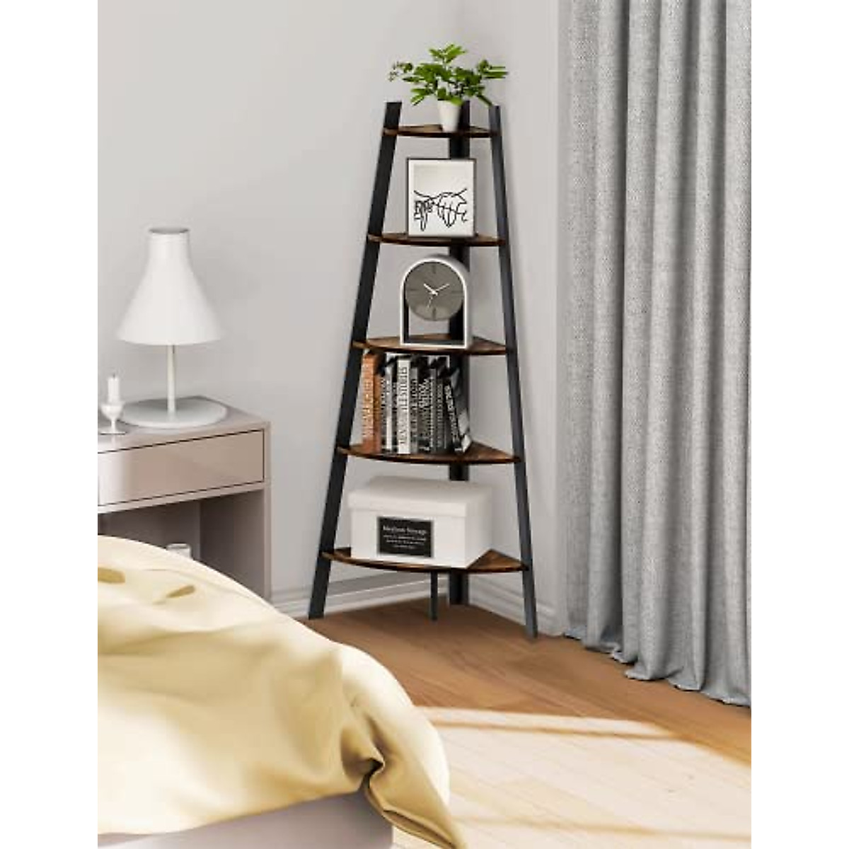MiTechPro 63" Tall Corner Shelf, 5 Tier Industrial Corner Bookshelf Bookcase Rustic Corner Ladder Shelf Plant Stand for Living Room, Kitchen, Home Offie