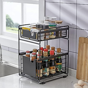 DCIGNA Stackable 2-Tie Under Sink Cabinets Organizer With Sliding Storage Drawer, Under Sink Organizer, Pull Out Cabinets Organizer Shelf, Sliding Basket Organizer Drawer For Kitchen, Bathroom, Office