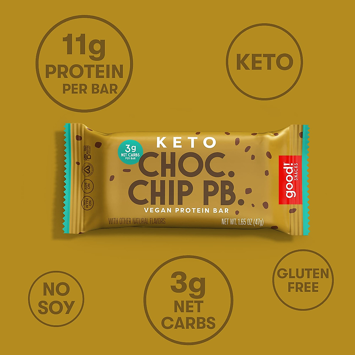 good! Snacks Keto Vegan Protein Bars, Chocolate Chip Peanut Butter, Gluten Free Keto Snack Bar, Low Carb, Low Sugar Meal Replacement, High Protein Healthy Snacks, 11g Protein, 3g Net Carbs, 12 Bars