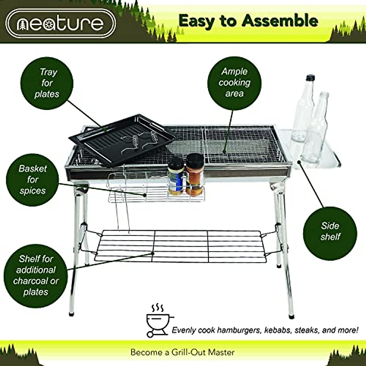Neature Portable Charcoal Grill for Camping - 26.8in Tall Foldable BBQ Grill with Charcoal Fuel for Travel and Home